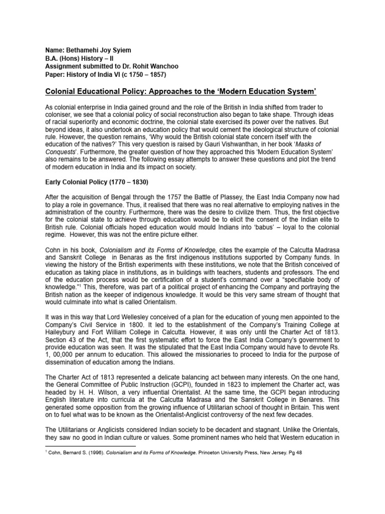 Colonial Educational Policy- Approaches to Mdern Education.docx | PDF ...