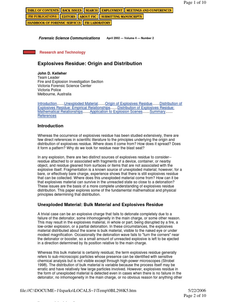 John D. Kelleher - Explosives Residue: Origin and Distribution | PDF ...