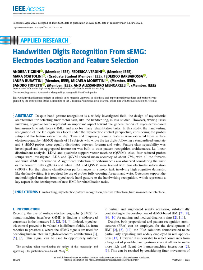 Handwritten Digits Recognition From Semg Electrodes Location And Feature Selection Pdf