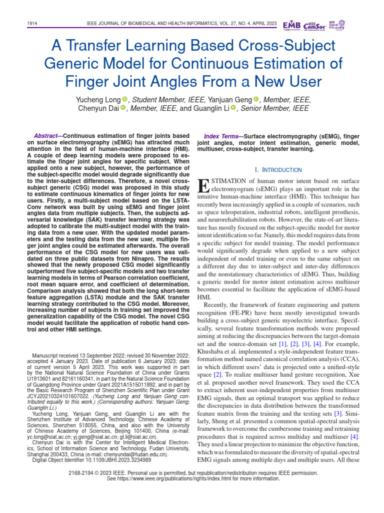 A Transfer Learning Based Cross Subject Generic Model For Continuous Estimation Of Finger Joint