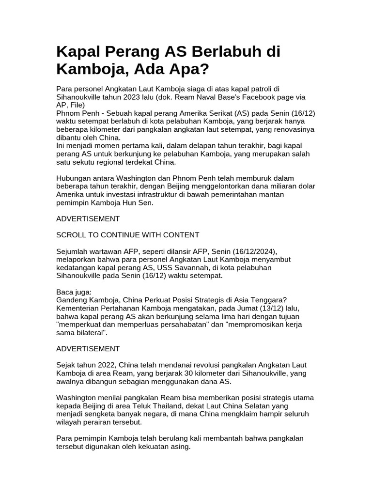 Kapal Perang as Berlabuh Di Kamboja, Ada Apa | PDF