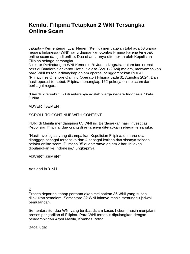 Kemlu Filipina Tetapkan 2 WNI Tersangka Online Scam | PDF