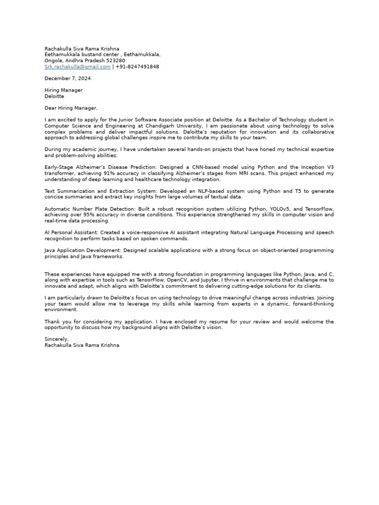 Deloitte Cover Letter | PDF | Artificial Intelligence | Intelligence ...