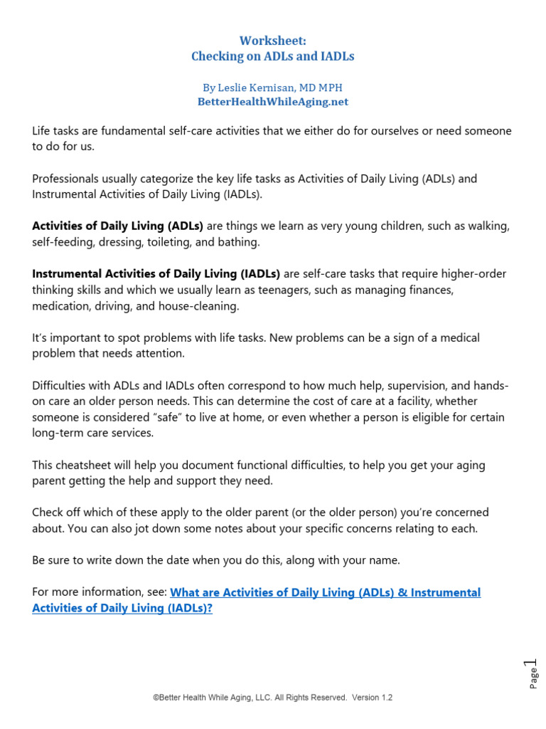 ADLs and IADLs Assessment Worksheet | PDF | Health Care