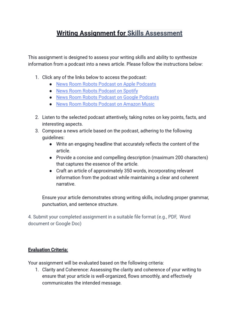 Writing Assignment For Skills Assessment | PDF | Podcast | News