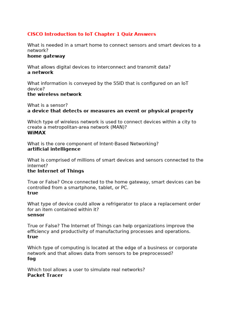 CISCO Introduction To IoT Chapter 1 Quiz Answers | PDF | Computer ...