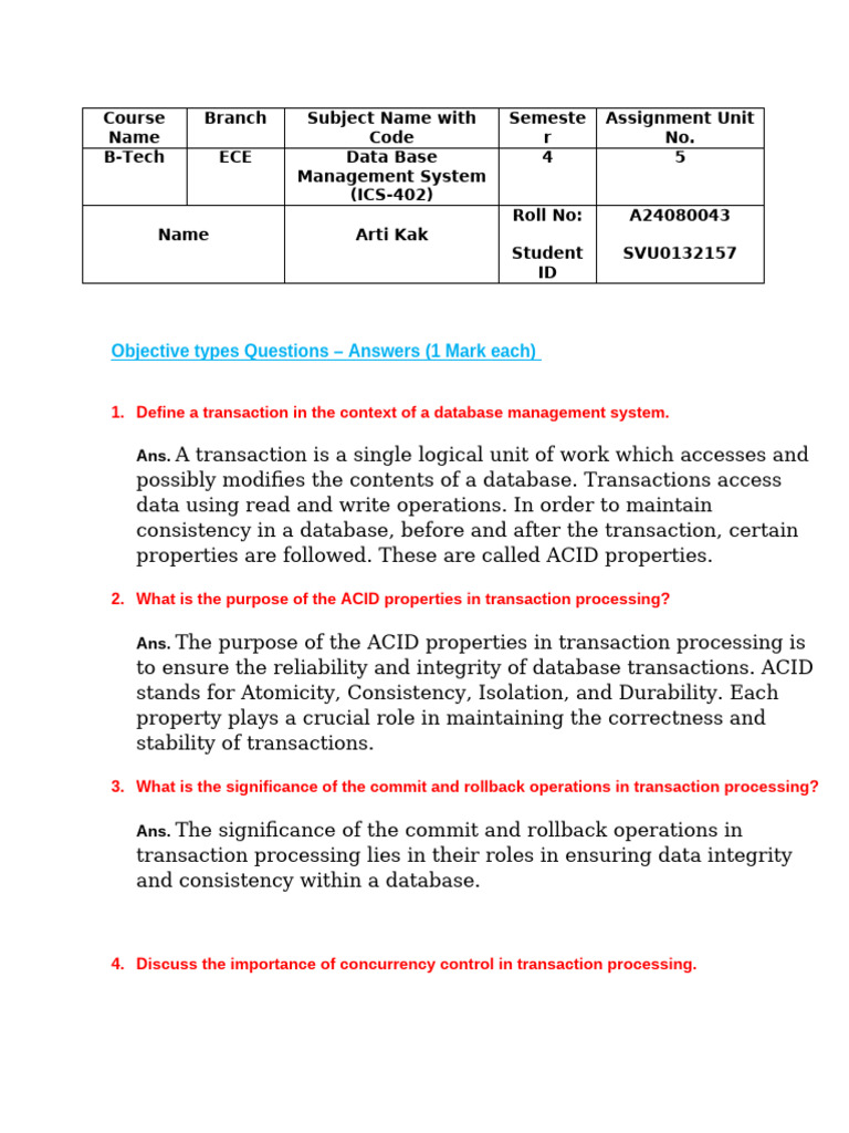 DBMS UNIT 5 ARTI KAK | PDF | Database Transaction | Acid