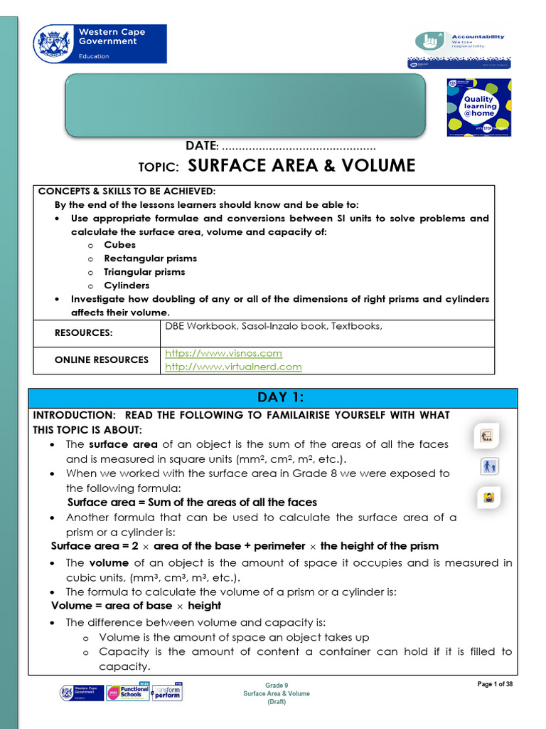 Lesson Plan Grade 9 Mathematics Surface Area and Volume | PDF | Volume ...