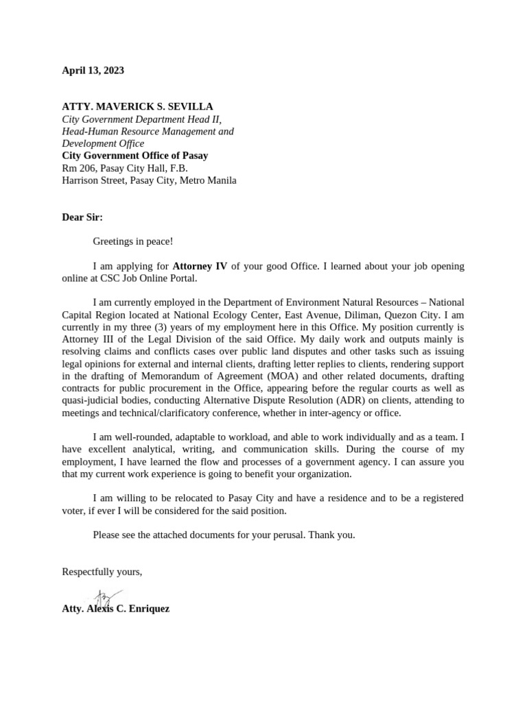 Application Letter 2 CGO PasayCity AttyAlexisEnriquez 04132023 | PDF