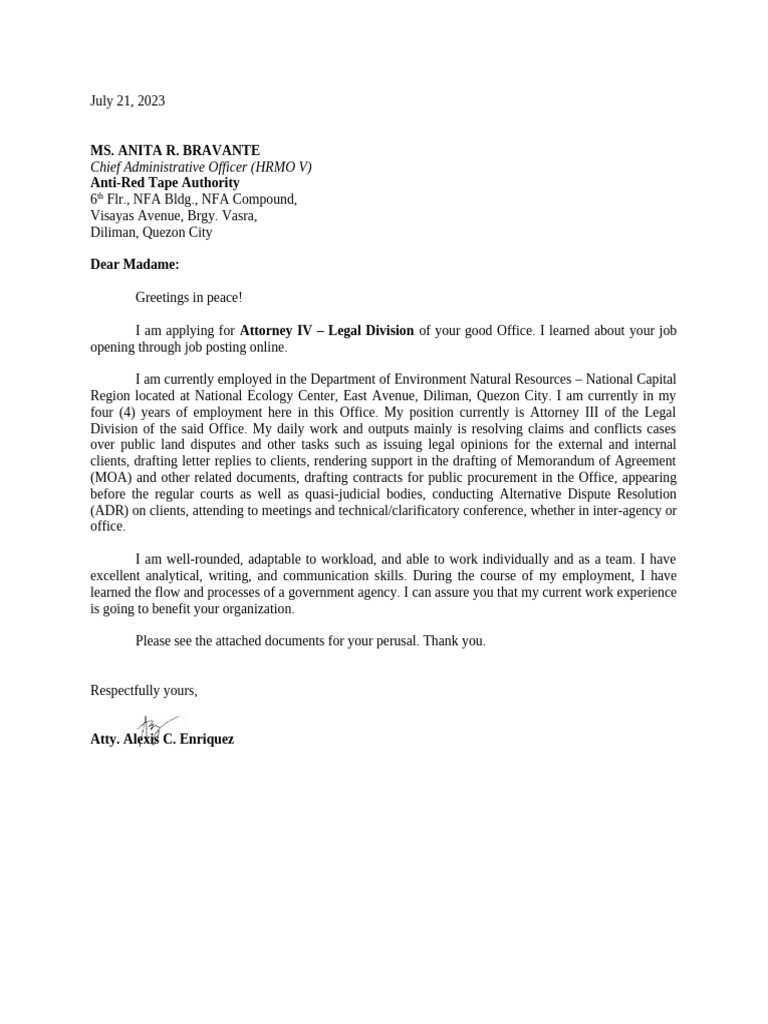 Application Letter - ARTA - AttyAlexisEnriquez - 07212023 | PDF