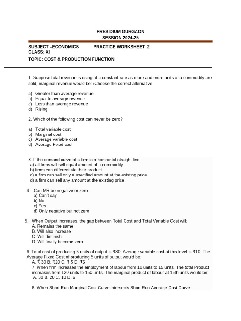 COST AND Production Function WORKSHEET | PDF | Marginal Cost | Average Cost