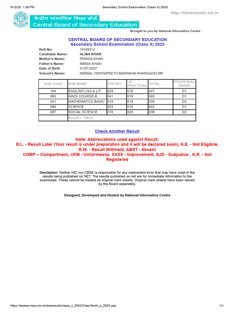 Alina Khan Class X Exam Results 2023 | PDF | Educational Assessment And ...