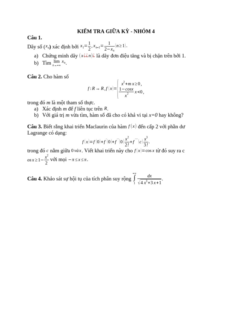 Năm Học 2024-2025 - Học Kỳ I - Giải Tích - Nhóm 4 | PDF