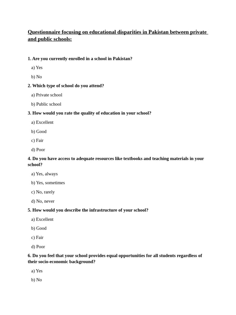 Questionnaire Focusing On Educational Disparities in Pakistan Between ...