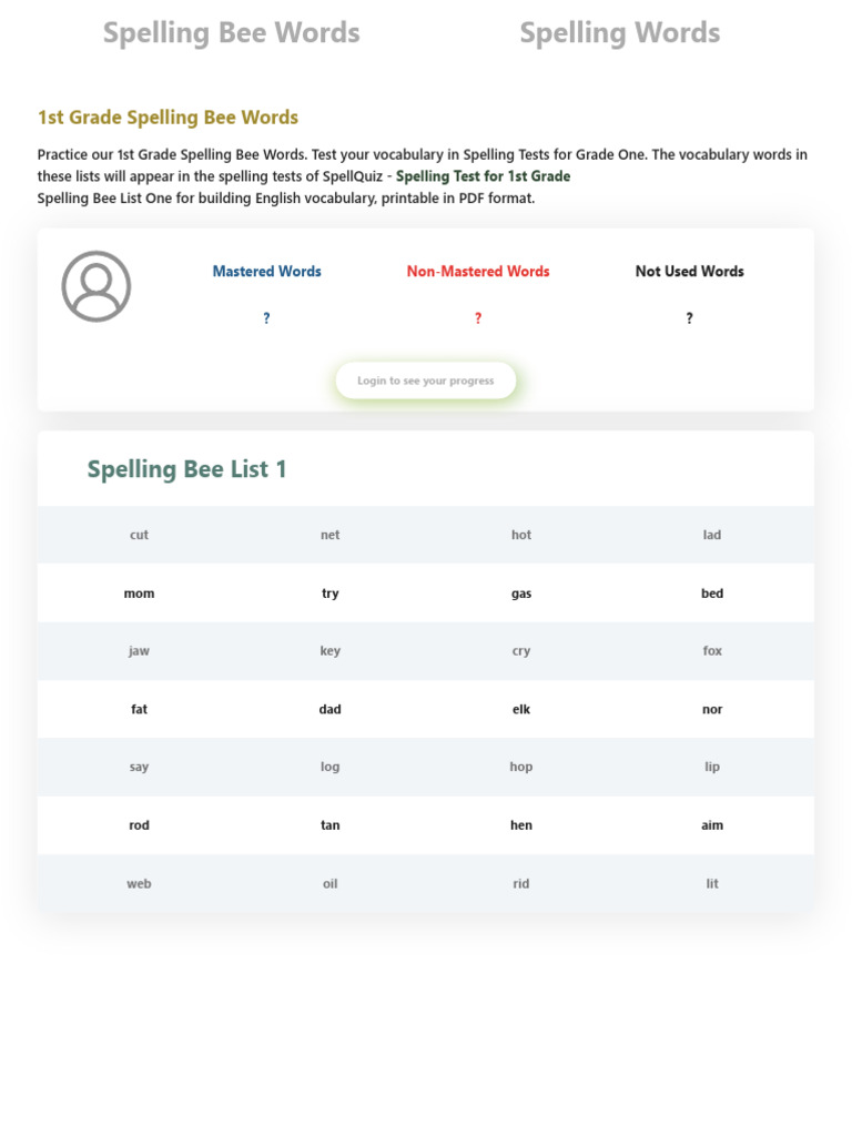 1st Grade Spelling Bee Words, - Spelling Bee List 1 | PDF