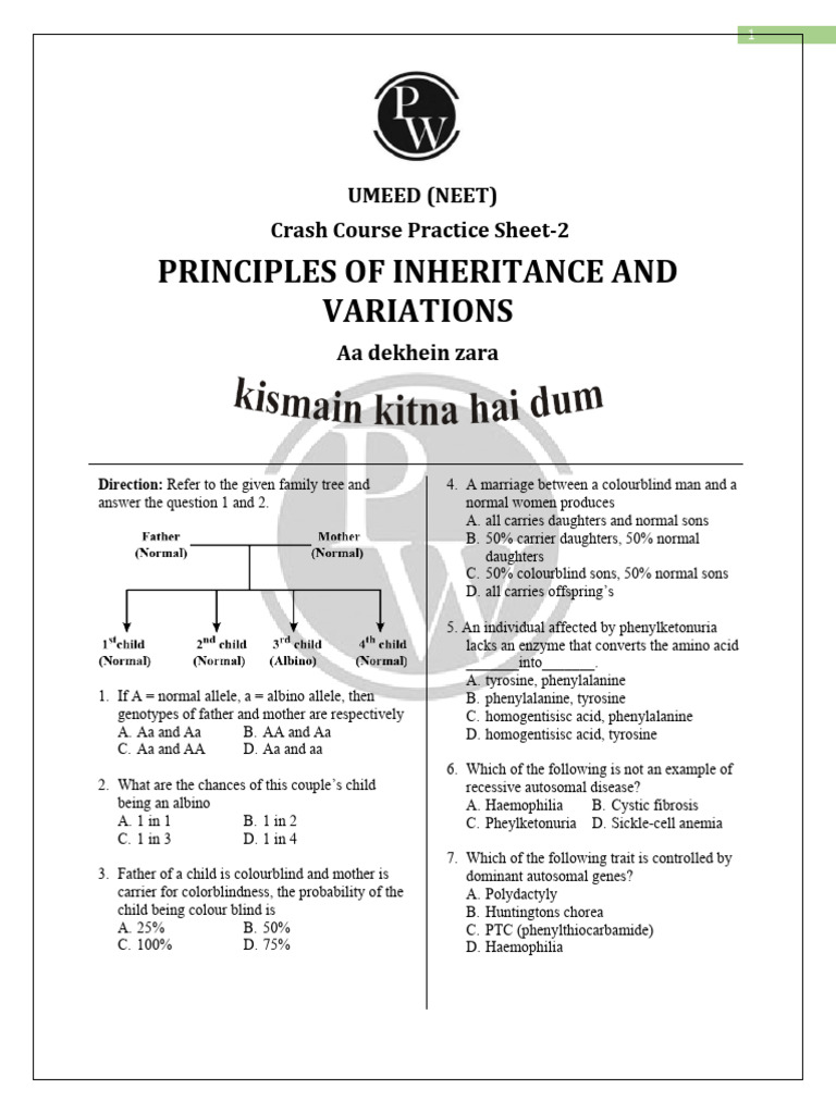 Principles of Inheritance and Variations: Umeed (Neet) Crash Course Practice Sheet-2 | PDF ...