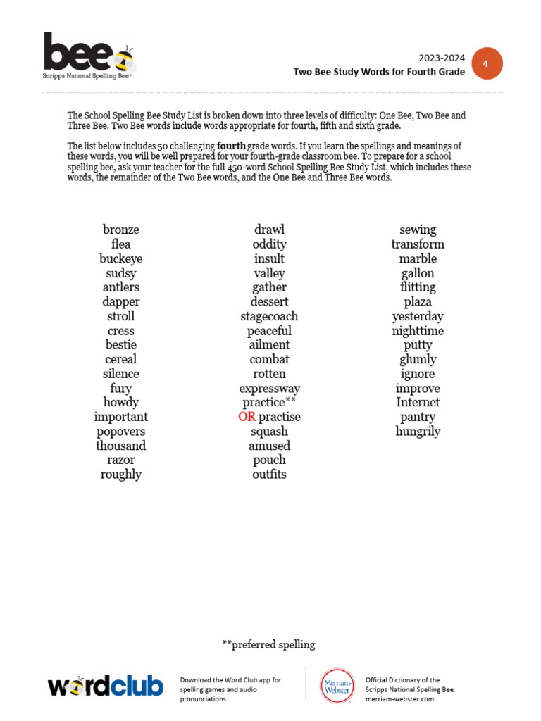 SB 2024 Fourth Grade Words Only | PDF | Spelling | Lexicology