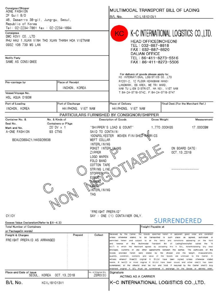A-One Fashion Shipping Document Details | PDF