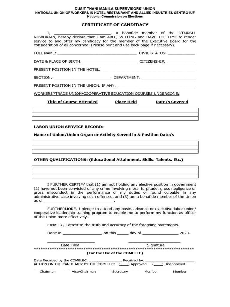 DTMNSU CERTIFICATE OF CANDIDACY Form | PDF | Government | Justice
