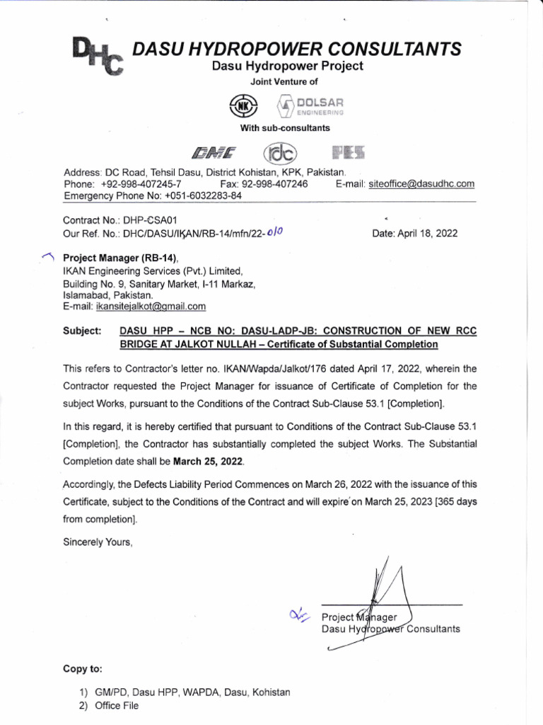 Bridge Jalkot IKAN Substantial Completion Certificate | PDF