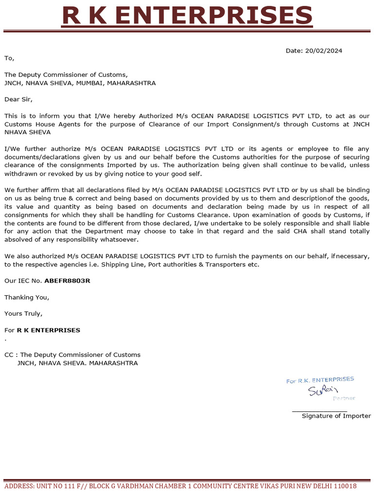 R K Enterprises Authority Letter | PDF