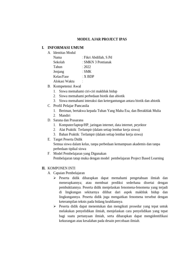 01. MODUL AJAR PROJECT IPAS_Makhluk Hidup Dan Lingkunagnnya_Fikri ...