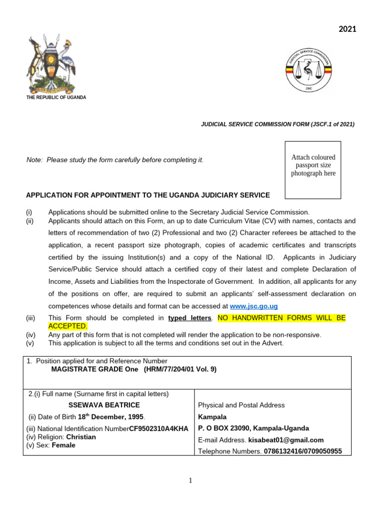 Uganda Judiciary Service Application Form | PDF | Mediation | Advocate