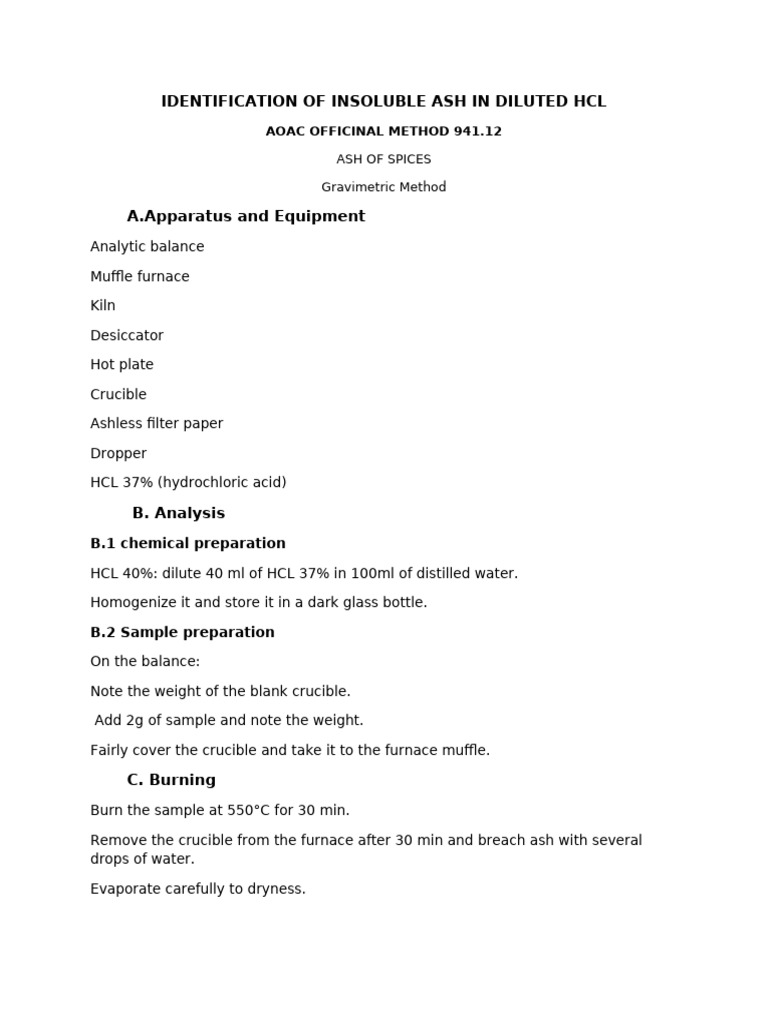 Acid Insoluble Ash Analysis Method | PDF