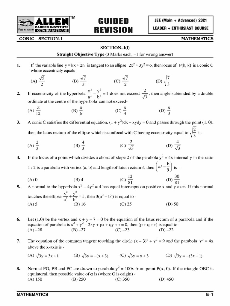 003. Guided Revision Sheet Conic Section-1 | PDF
