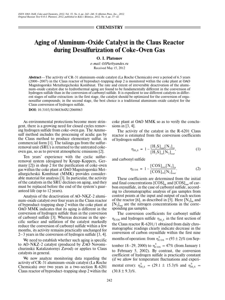 Platonov2012 - Aging of AluminumOxide Catalyst in The Claus Reactor ...
