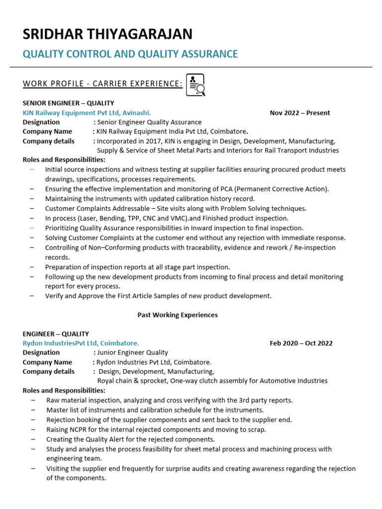Sridhar-CV-2023 | PDF | Sheet Metal | Quality Assurance