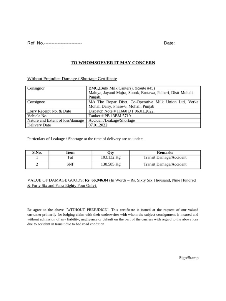 Damage Certifiacte Format | PDF