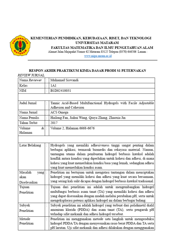 Muhamad Siswandi B1D02410031 1A1-1-1 | PDF | Coordination Complex | Adhesion