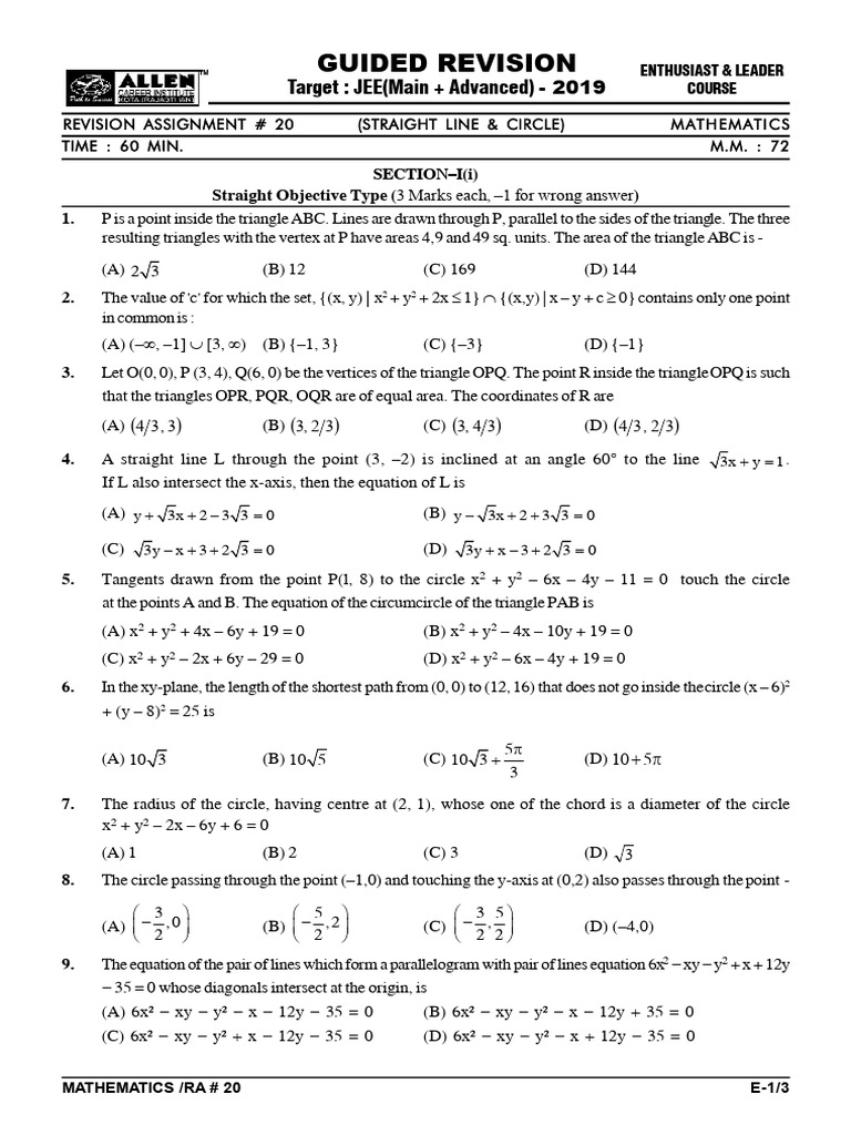 JEE 2019 Mathematics Revision Assignment | PDF | Circle | Euclidean Plane Geometry