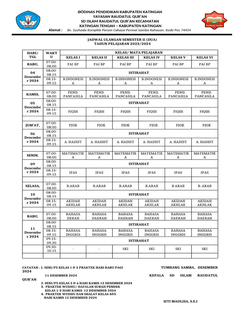Jadwal Ulangan Sdi 2024 | PDF