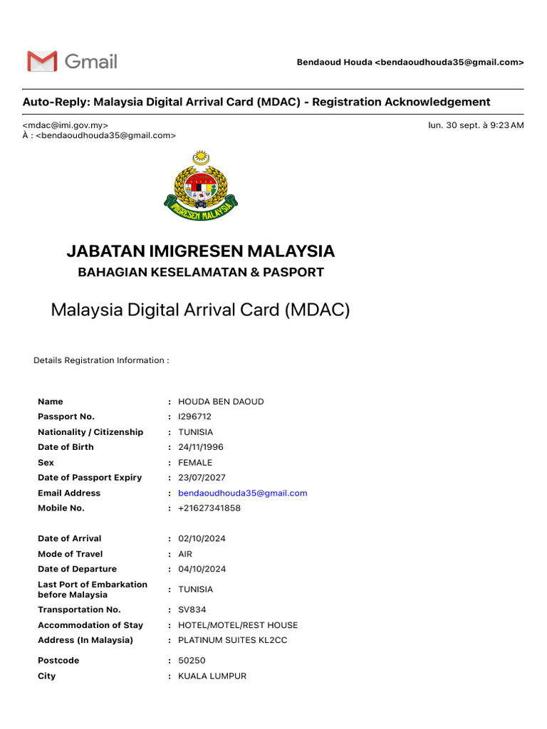 Auto-Reply: Malaysia Digital Arrival Card (MDAC) - Registration ...
