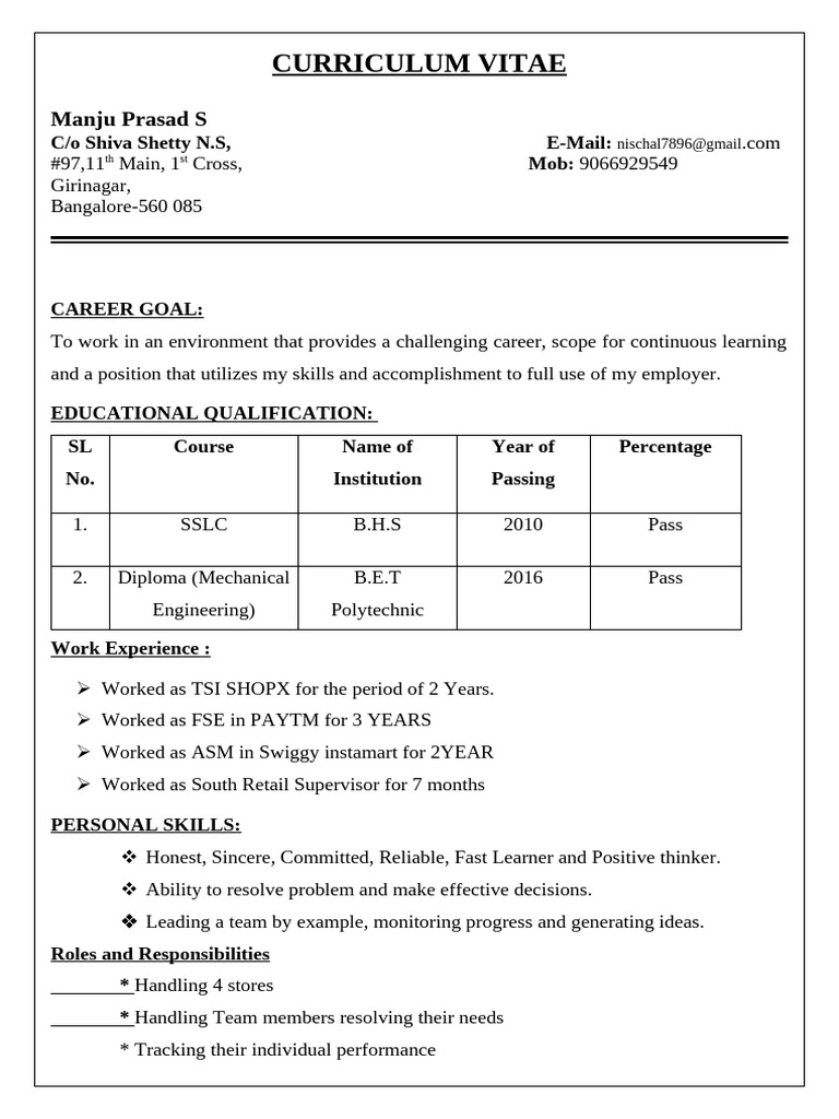 Manju Prasad S - CV with Work Experience | PDF