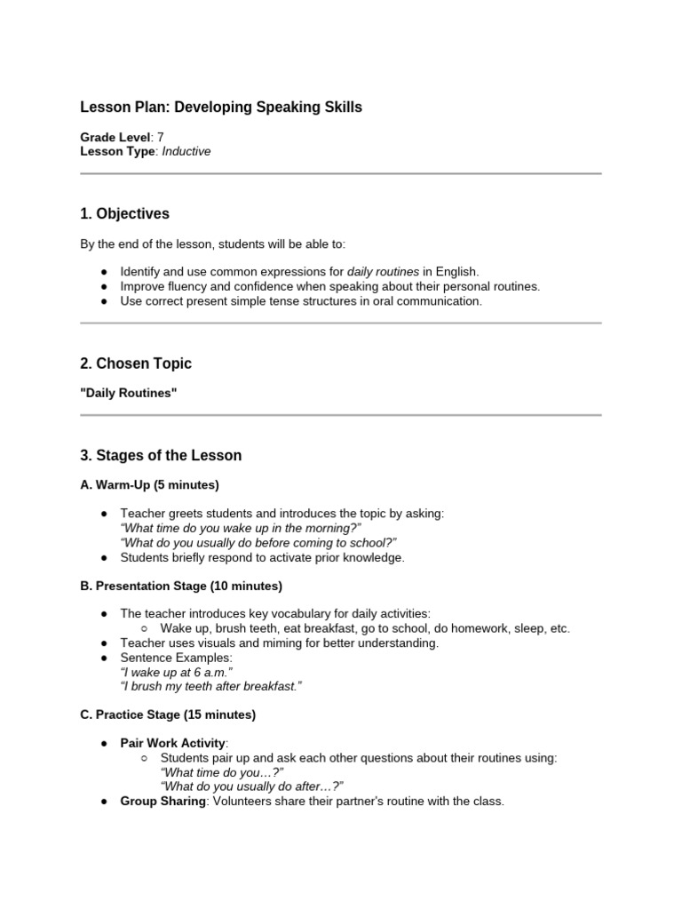 Lesson Plan- Developing Speaking Skills | PDF | Lesson Plan | Teachers