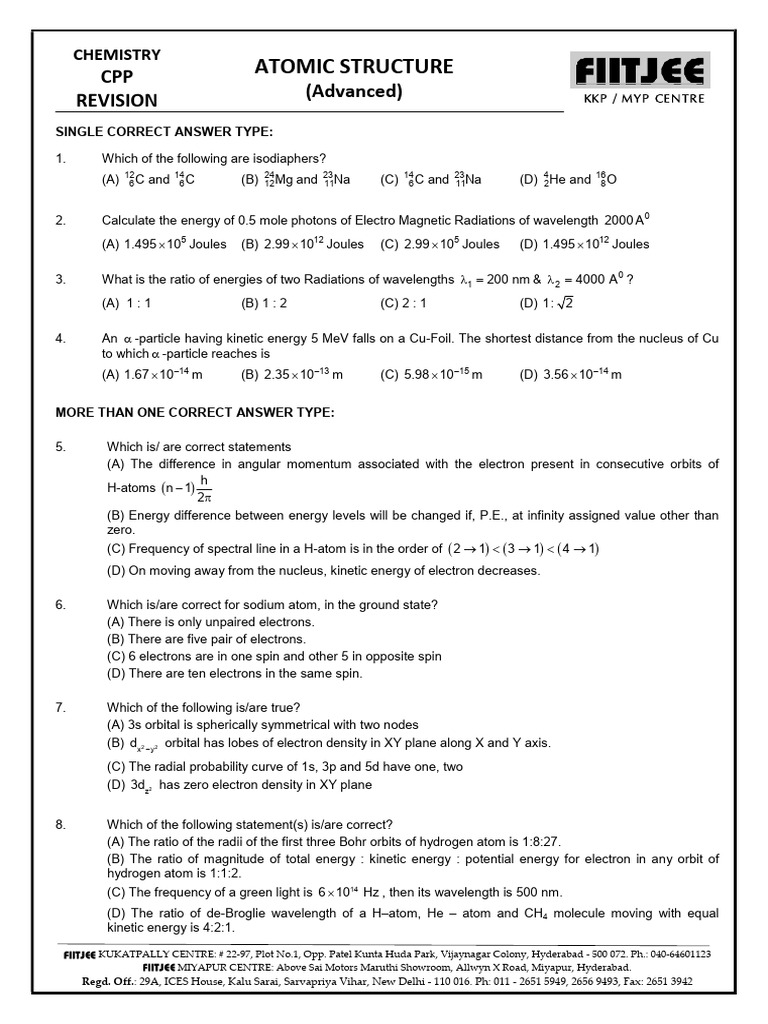 Sr Chemistry Revision Atomic Structure Adv Cpp | PDF | Electron ...