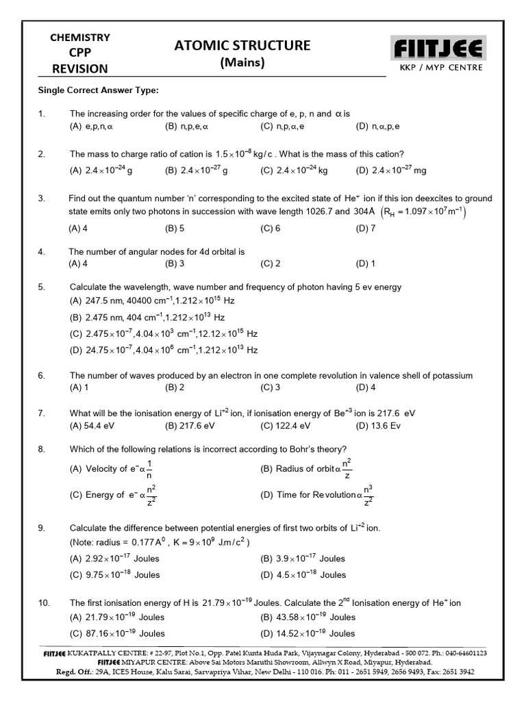 SR Chemistry Revision - Atomic Structure - Mains CPP | PDF | Electron ...