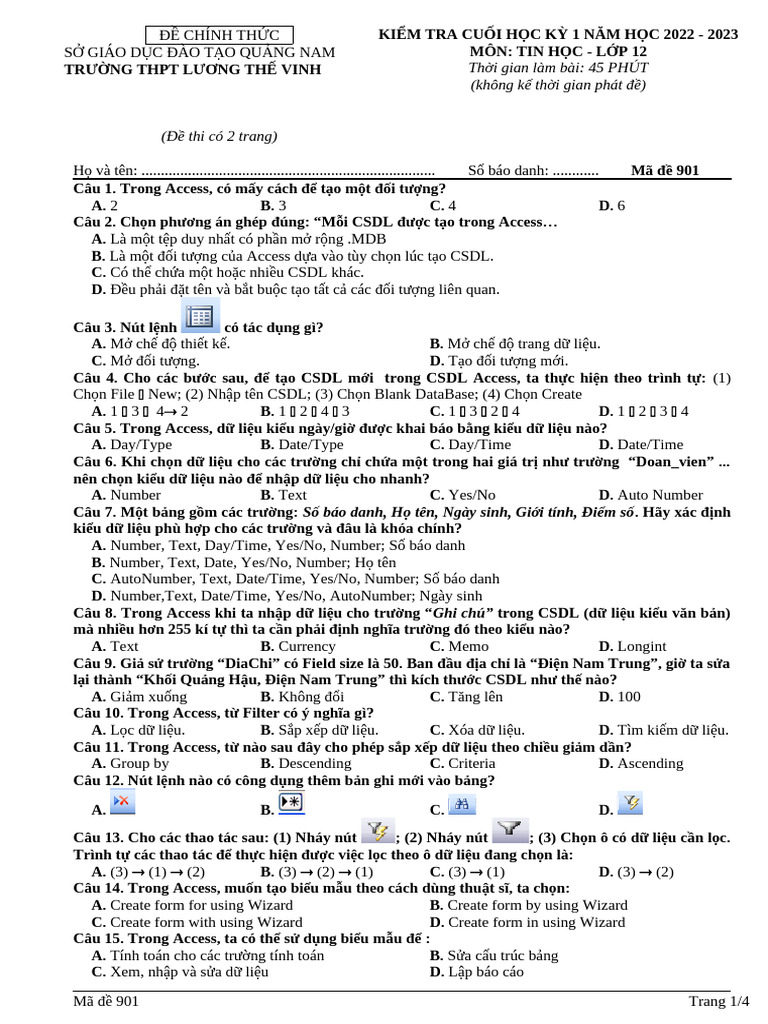 DE VA DAP AN KT HK1 TIN 12 NH 22-23 | PDF