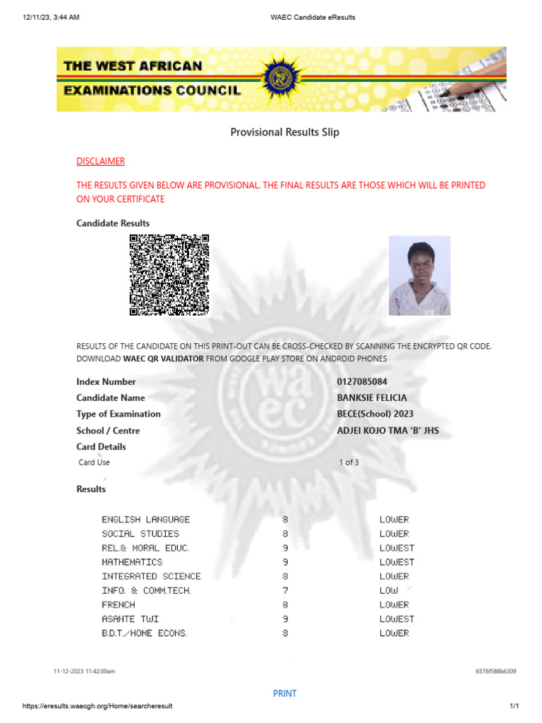 WAEC BECE Results for Candidates | PDF