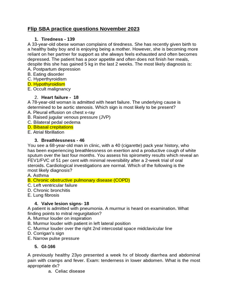SBA Practice Questions Nov 2023 | PDF | Esophagus | Lung