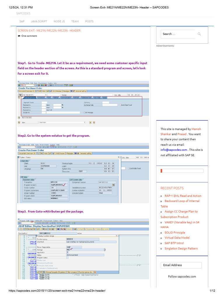 SAP Screen Exit Guide: ME21N/ME22N/ME23N | PDF | Software Development ...
