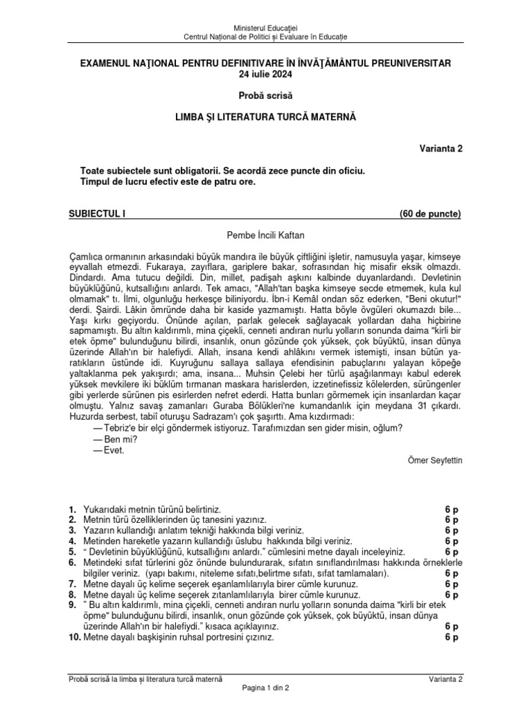 Def 081 Limba Turca Materna P 2024 Var 02 LTR | PDF