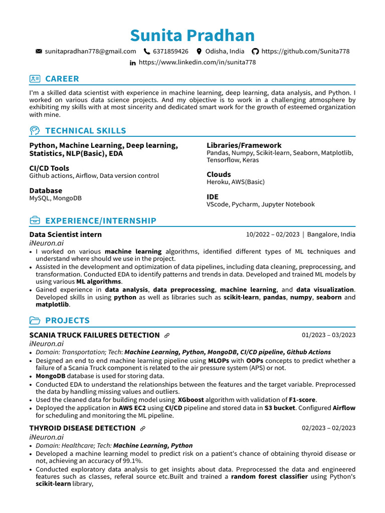 Sunita Pradhan Previous Resume | PDF | Machine Learning | Dependent And Independent Variables
