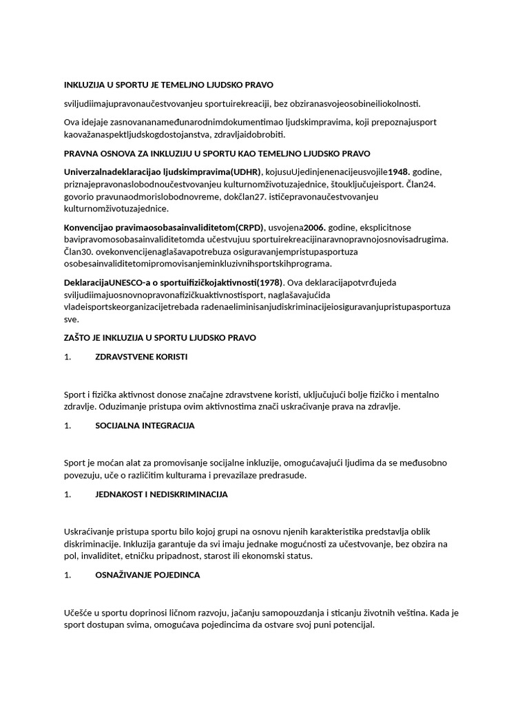 Inkluzija U Sportu Je Temeljno Ljudsko Pravo | PDF