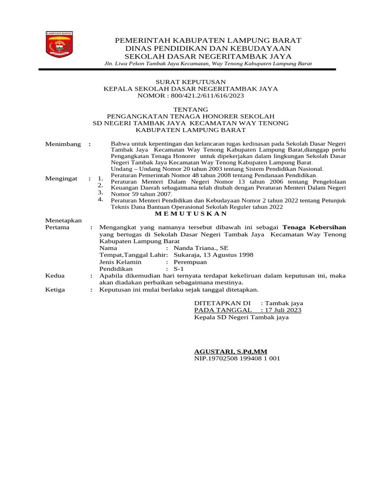 SK Pengangkatan Reni | PDF