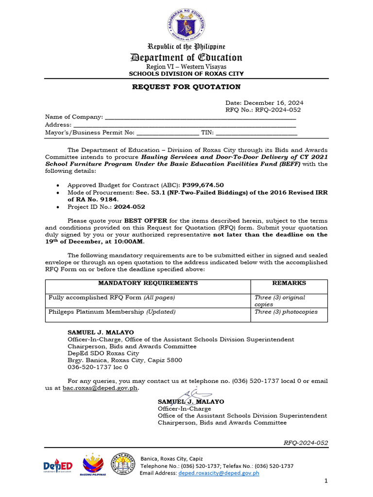 REquest For Quotation Deped Roxas | PDF | Taxes | Liquidated Damages