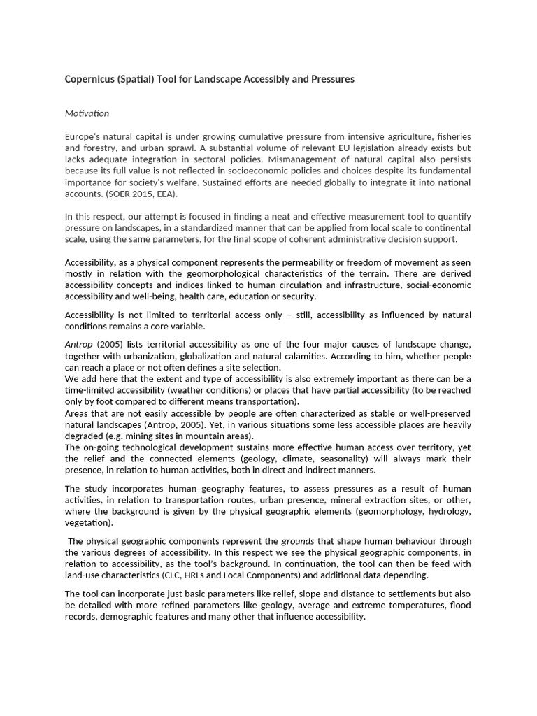 Copernicus (Spatial) Tool for Landscape Accessibly and Pressures | PDF ...